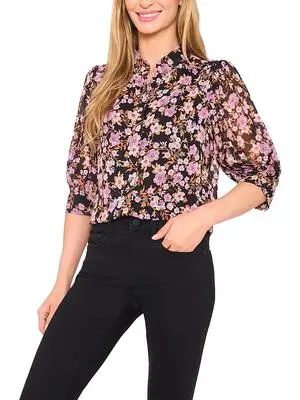 CECE DUPRAZ Printed Ruched Sleeve Top - Rich Black