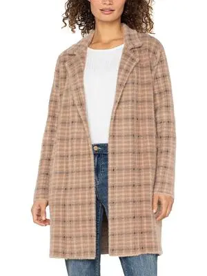 LIVERPOOL Open Front Plaid Sweater Coat - Camel Cream Plaid