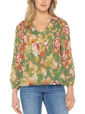 LIVERPOOL Floral Print V-neck Top - Green Multi Floral