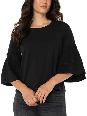 LIVERPOOL Embroidered Bell Sleeve Top - Black