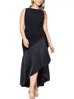 Betsy & Adam Plus Mixed Media Ruffle Gown - Black