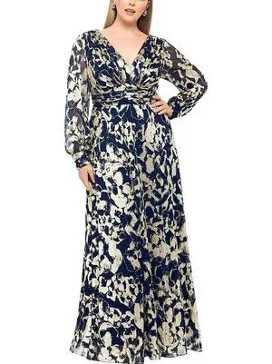 Betsy & Adam Plus Foil Printed Mesh Gown - Navy/gold