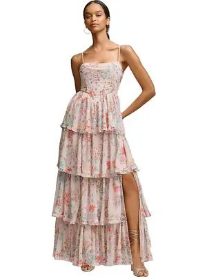 Bhldn Sleeveless Corset Floral Tiered Ruffled Maxi Dress - Blush Combo