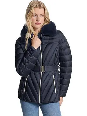 Michael Kors Faux Fur Trim Packable Puffer Jacket - Blue