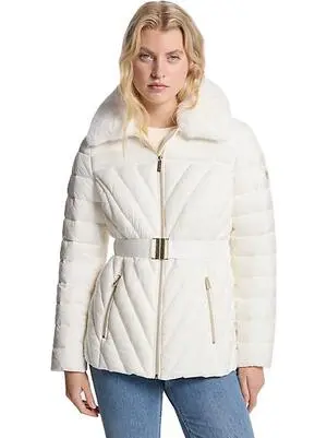 Michael Kors Faux Fur Trim Packable Puffer Jacket - Natural