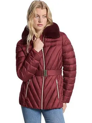Michael Kors Faux Fur Trim Packable Puffer Jacket - Red