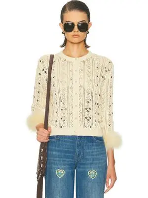 Valentino Garavani Embroidered Feather Cuff Cardigan Betulla