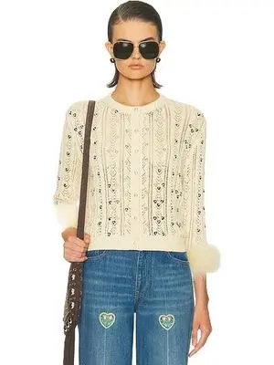 Valentino Garavani Embroidered Feather Cuff Cardigan Cream