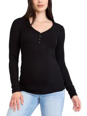Motherhood Maternity V-neck Long Sleeve Henley Tee - Black