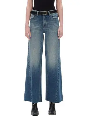 BAYEAS High-rise Wide Leg Jeans With Raw Hem - Medium Blue
