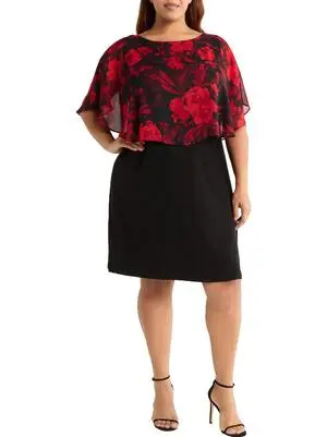 CONNECTED APPAREL Floral Cape Bodice Dress - Ruby