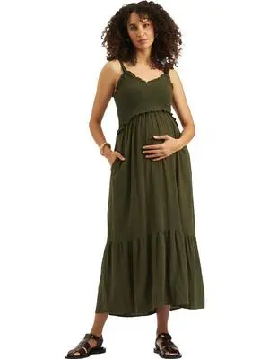 RIPE MATERNITY Shirred Bodice Linen Blend Dress - Khaki