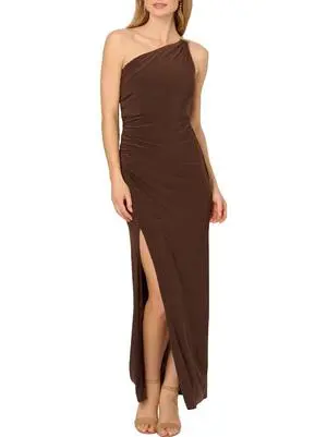 Adrianna Papell One-shoulder Chain-strap Jersey Column Gown - Chocolate