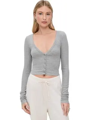 Eterne Cropped Ribbed Knit Cardigan - Heather Grey