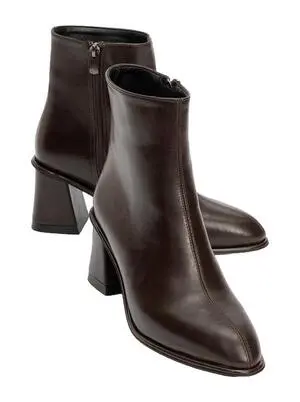 PROLOGUE SHOES Maura Block Heel Boots - Brown Faux Leather