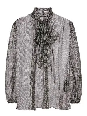 Dolce & Gabbana Tie-neck Herringbone Silk Chiffon Blouse - Black