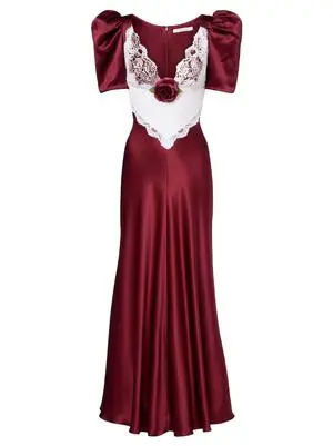 RODARTE Floral-appliqué Lace-trimmed Silk Gown - Burgundy