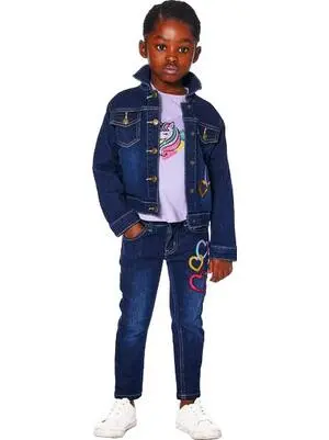 DEUX PAR DEUX Stretch Denim Jacket With Glittery Hearts And Unicorn Appliqu - Blue Denim