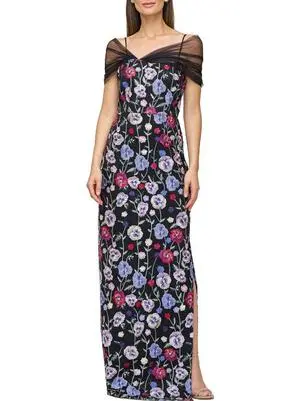 Js Collections Floral Embroidered Mesh Sleeve Gown - Black/multi