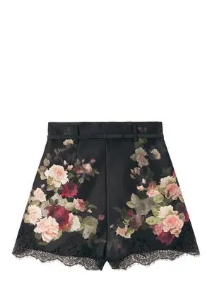 Zimmermann Belted Floral-print Silk And Cotton-blend Twill Shorts - Black