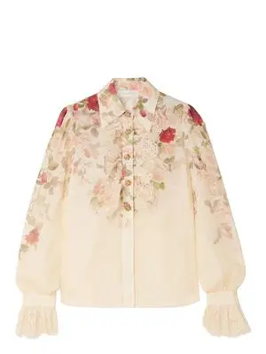 Zimmermann Lace-trimmed Floral-print Ramie Shirt - Cream