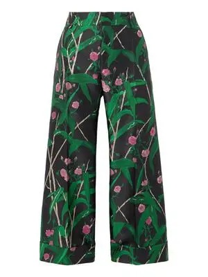 La DoubleJ Hendrix Cropped Floral-jacquard Crepe Wide-leg Pants - Green