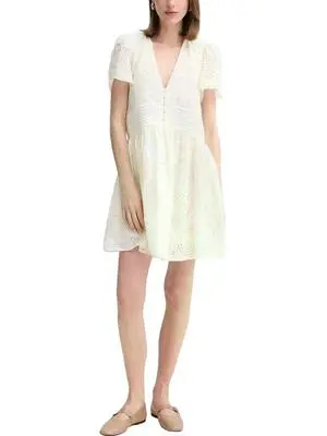 BOSS Eyelet-embroidered Puff-sleeve Mini Dress - Neutrals