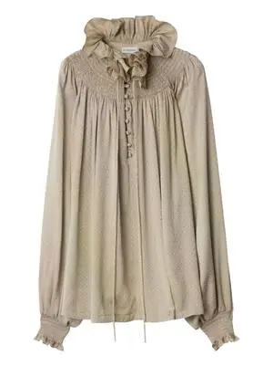 Burberry Geometric Jacquard Ruffled Collar Blouse Neutrals