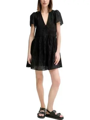 BOSS Eyelet-embroidered Puff-sleeve Mini Dress - Black