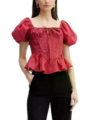 Bardot Puff-sleeve Corset Top - Red
