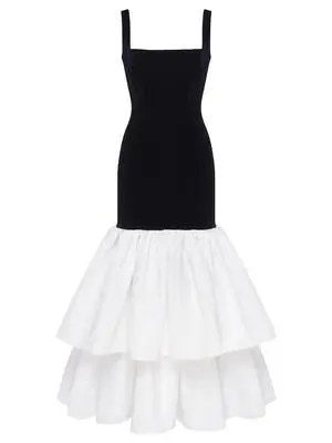 MILLA Fitted Maxi Dress With Tiered Skirt - Black&white