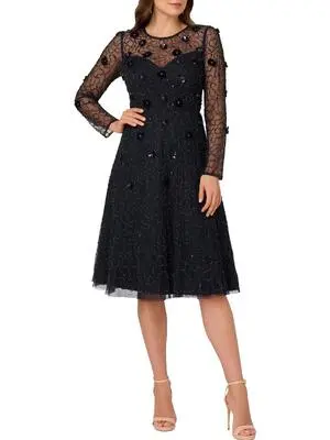 Adrianna Papell Floral Beaded Long Sleeve Cocktail Dress - Midnight