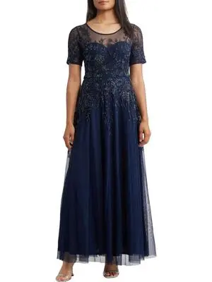 Pisarro Nights Embellished Illusion Neck Gown - Navy