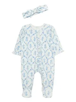 LITTLE ME Trellis Rose Ruffle Cotton Footie & Headband Set - Blue