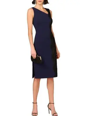 Adrianna Papell Lace Trim Crepe Midi Cocktail Dress - Navy/black