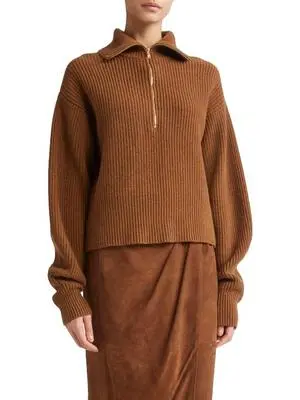 Max Mara Nadar Merino Wool & Cashmere Half Zip Sweater - Tobacco