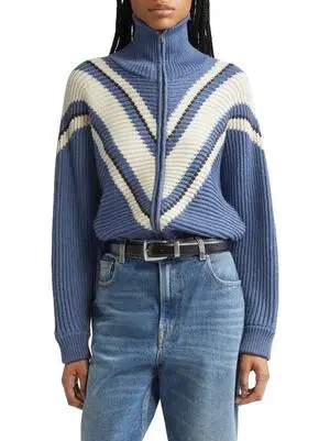 GOLDEN GOOSE Journey Odilia Chevron Stripe Virgin Wool Zip Cardigan - Dutch Blue/natural White