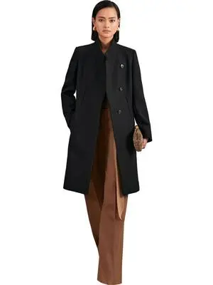 REISS Wool-Blend Wrapover Mid-Length Coat Black