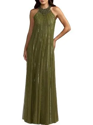 Mac Duggal Sleeveless Embellished Halter Neck Gown - Olive