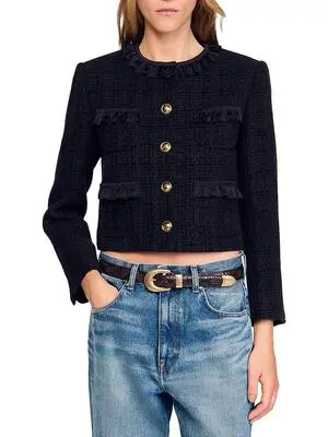 Sandro Ruffled Tweed Jacket - Black