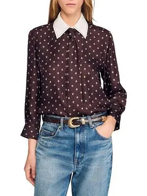Sandro Silk Tie Blouse - Brown White
