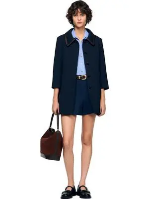 Sandro Leather Trim Coat - Navy Blue