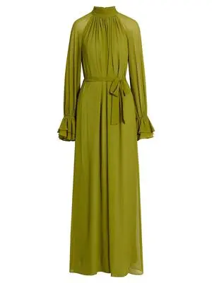 MIKAEL AGHAL Gathered Chiffon Maxi Dress - Lime Green