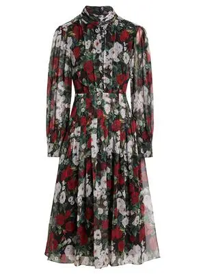 MIKAEL AGHAL Floral-print Pleated Chiffon Midi Dress - Black