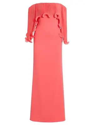 Badgley Mischka Off-the-shoulder Ruffled Plissé-georgette And Crepe Gown - Coral