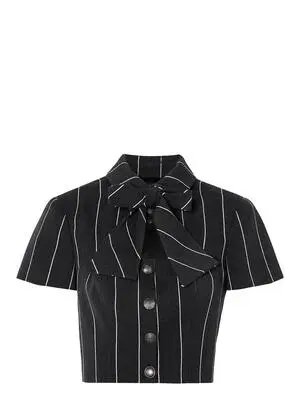 Alessandra Rich Cropped Bow-detailed Pinstriped Wool-blend Jacket - Dark Gray