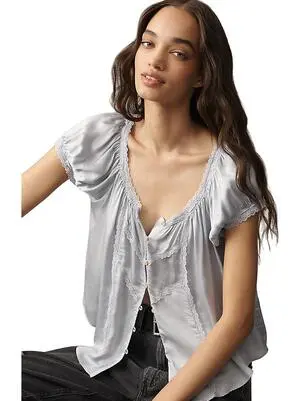 Anthropologie Silky Peasant Top - Cool Metal Gray