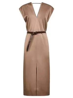 Brunello Cucinelli V-neck Belted Midi Dress - Brown