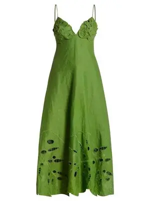 Farm Rio Leaf-applique Linen Midi Dress - Green
