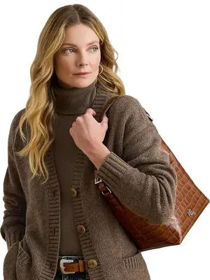 Ralph Lauren Wool-Blend V-Neck Cardigan Taupe Brown Heather